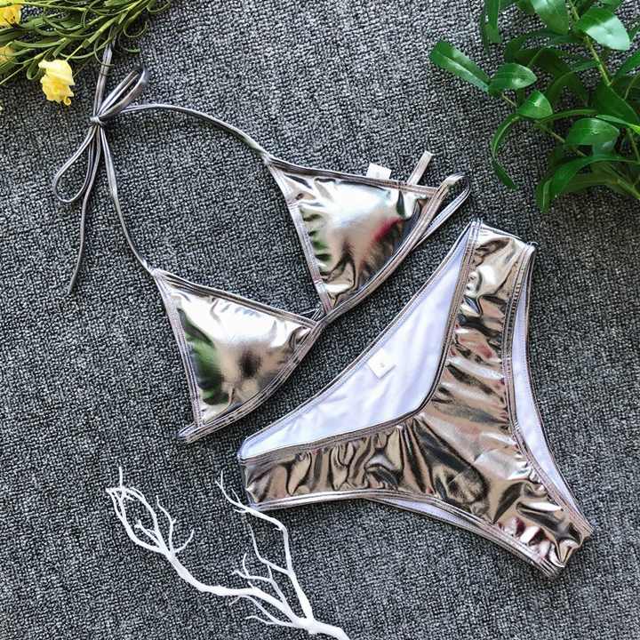 Traje de baño metálico para chicas, Micro Bikinis, playa, baile graso ...