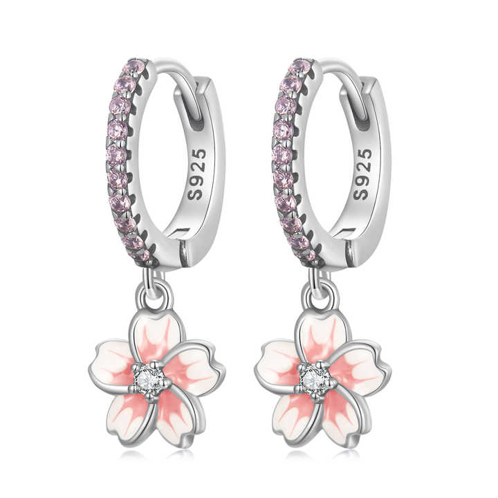 Pink Flower Zircon Women Hoop Earrings 925 Sterling Silver Pink Cherry Blossoms Drop Earring ...