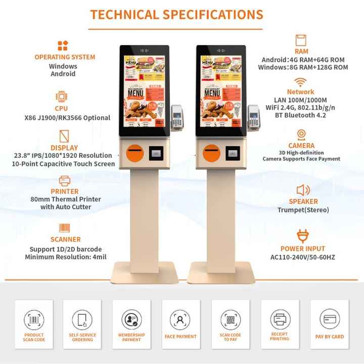Fast Food 23.8 Inch Self Service Touch Screen Kiosk