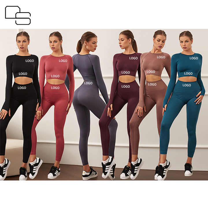 Custom Women Sports Wear Long Sleeve Sports Cropped Top and Leggings Set Gym Fitness Clothing ...
