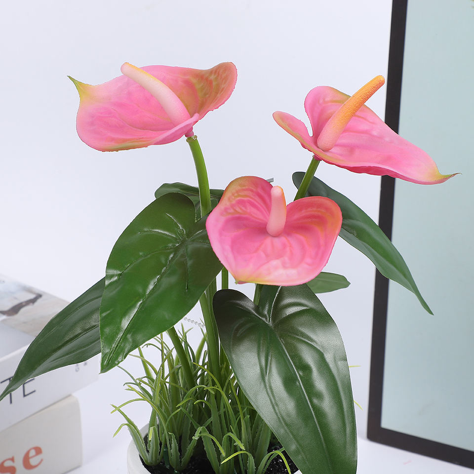 Artificial Realistic Anthurium Flowers in Cement Pot-Natural Look TPR ...