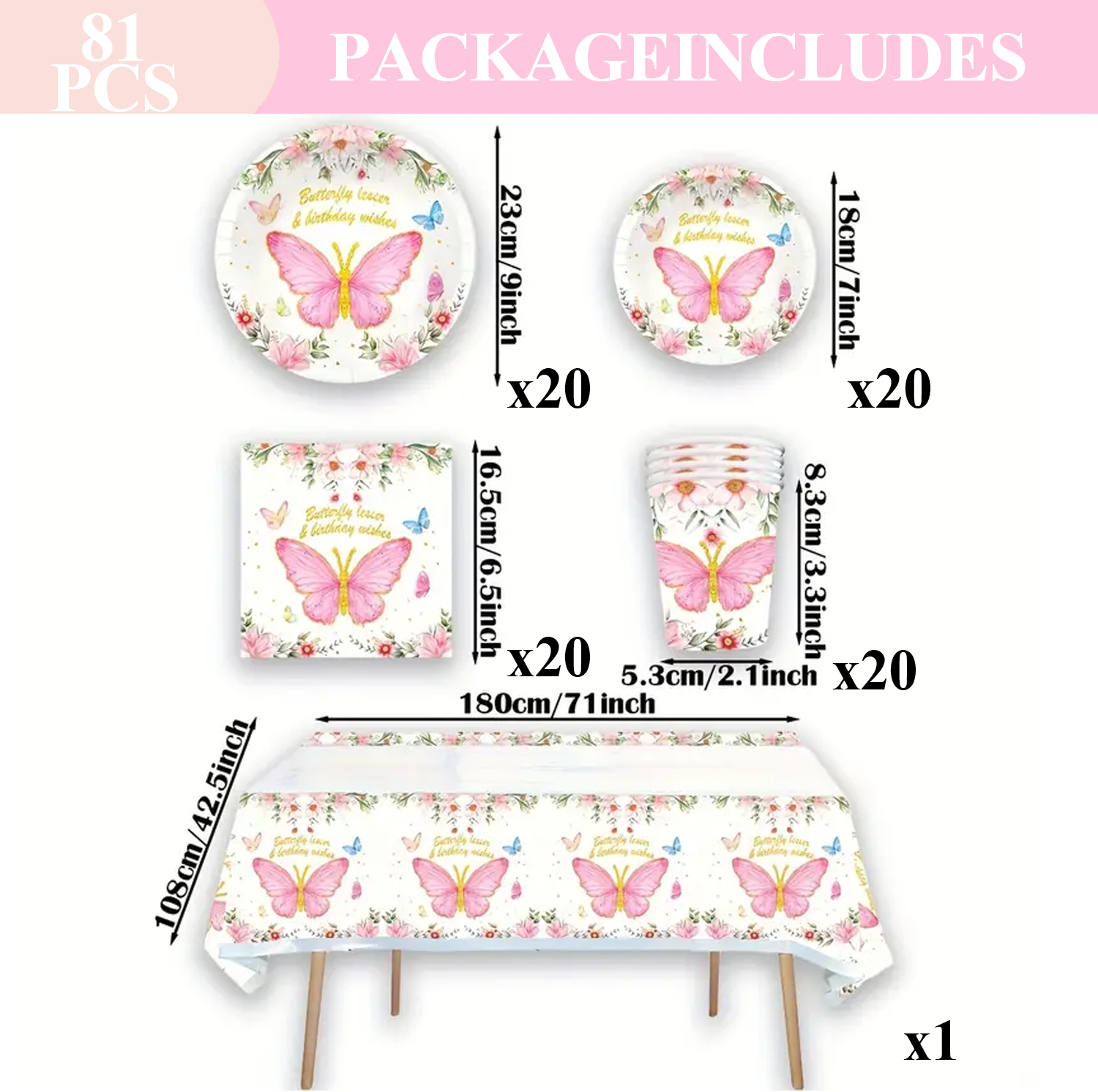 81pcs Pink Butterfly Theme Tableware Set Birthday Party Decor Kids Girl ...
