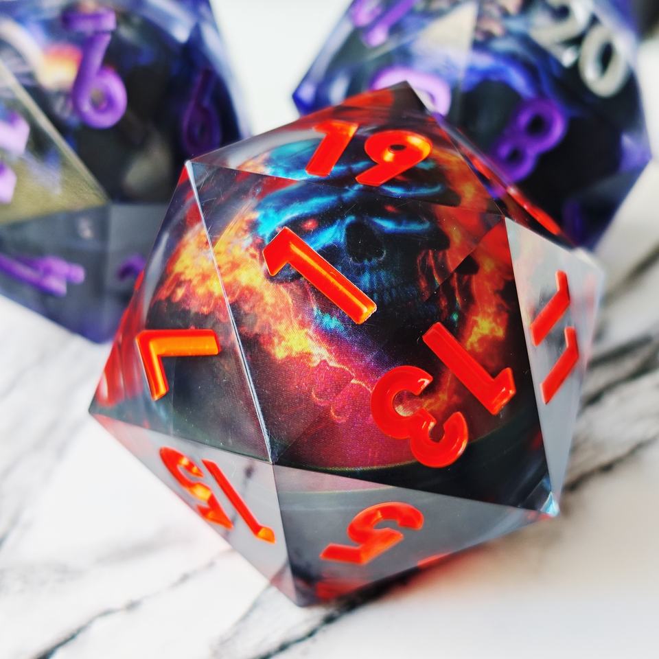 MINI PLANET Flame Skull LED 50mm D20 Dice Handmade Polyhedral Resin Liquid Core D20 Dice RPG DND ...