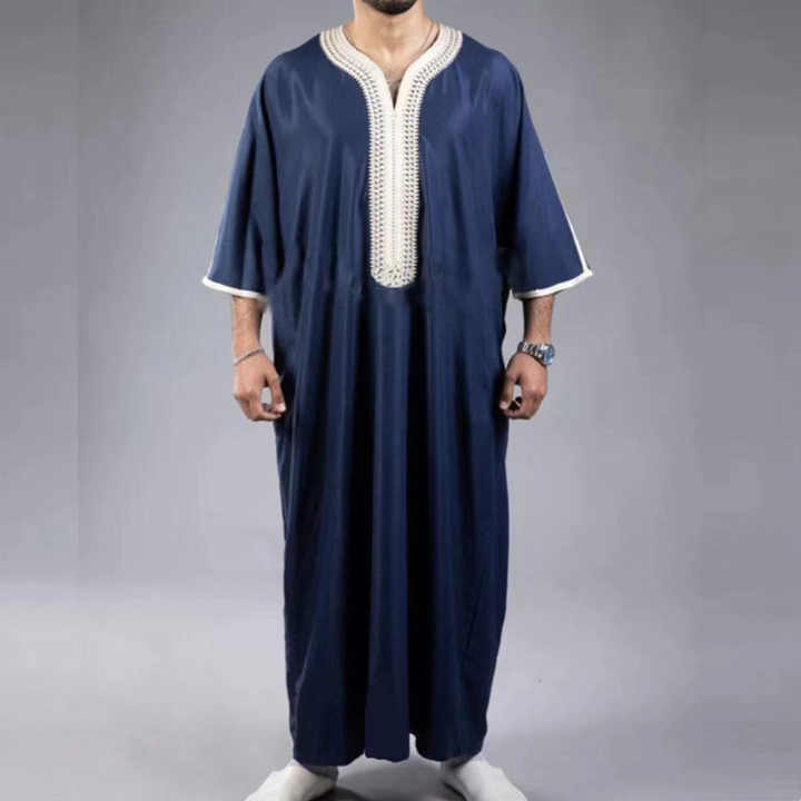 Navy Moroccan Jubba Thobe for Men with White Embroidery - Custom ODM