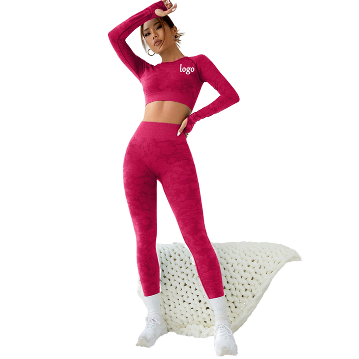 New seamless quick-drying camouflage hollow fitness yoga set sports long sleeve high waist hip ...
