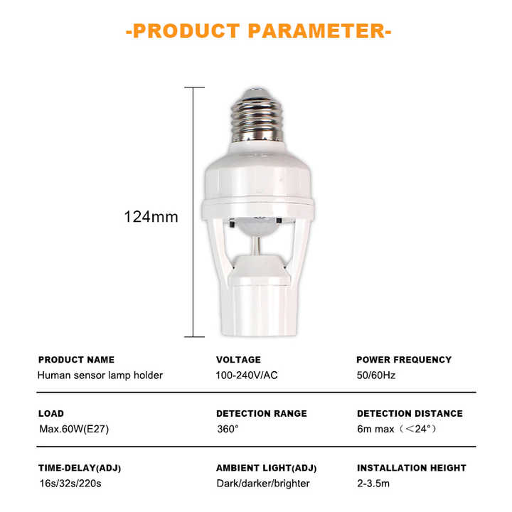 AC110V 220V Adjustable E27 Smart Lamp Bulb Holder with PIR Motion Sensor