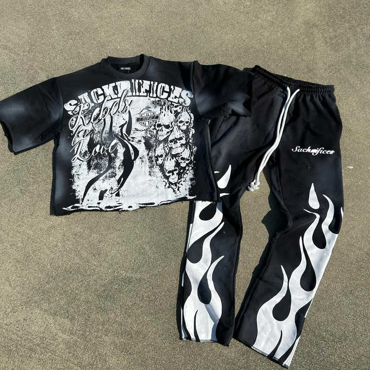 Shop Custom Distressed Print T-Shirt & Flared Sweatpants