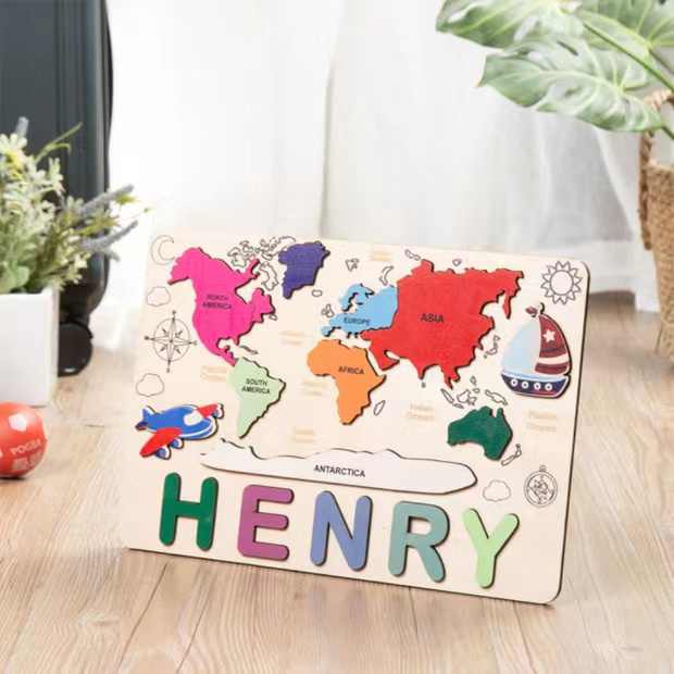 Wooden World Map Baby Name Puzzle Birthday Gift Children Toy ...