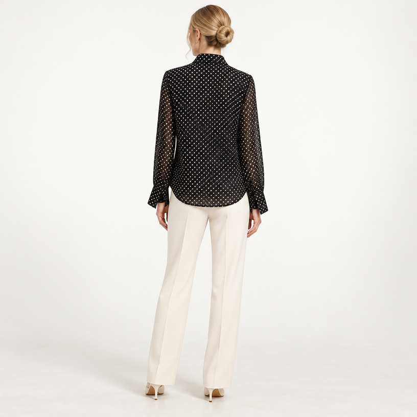 Women Black White Polka Dot Chiffon Blouse Long Sleeve Pussy Bow Tie ...