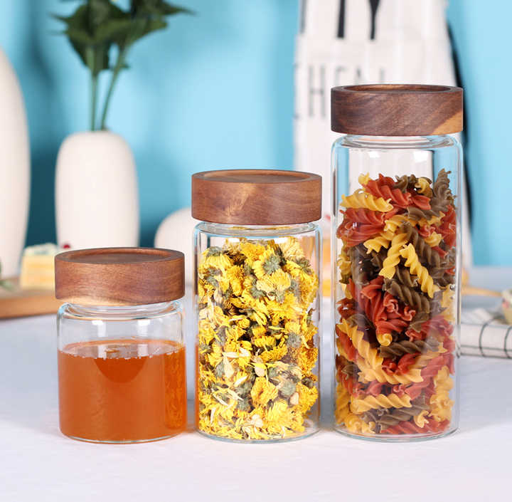 Kichen Food containers high borosilicate spice glass storage jar with airtight acacia wooden ...