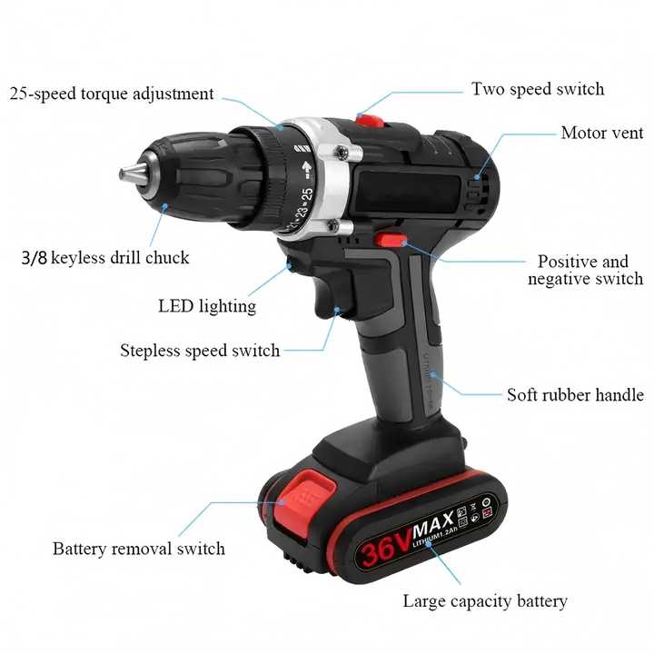 36V Lithium Battery Rechargeable Electric Drill Multi Functional ...