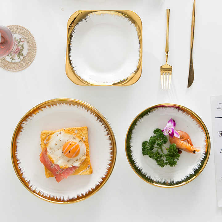 Nordic Light Luxury Ceramic Tableware Gift Set Elegant White and Gold ...