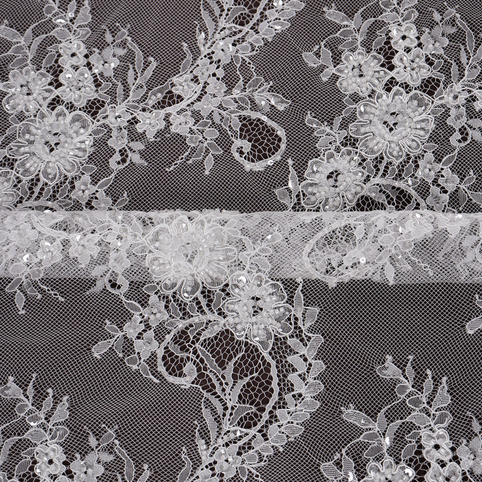 Floral Embroidered Lace Fabric Beaded Cord Polyester 150 cm Machine ...