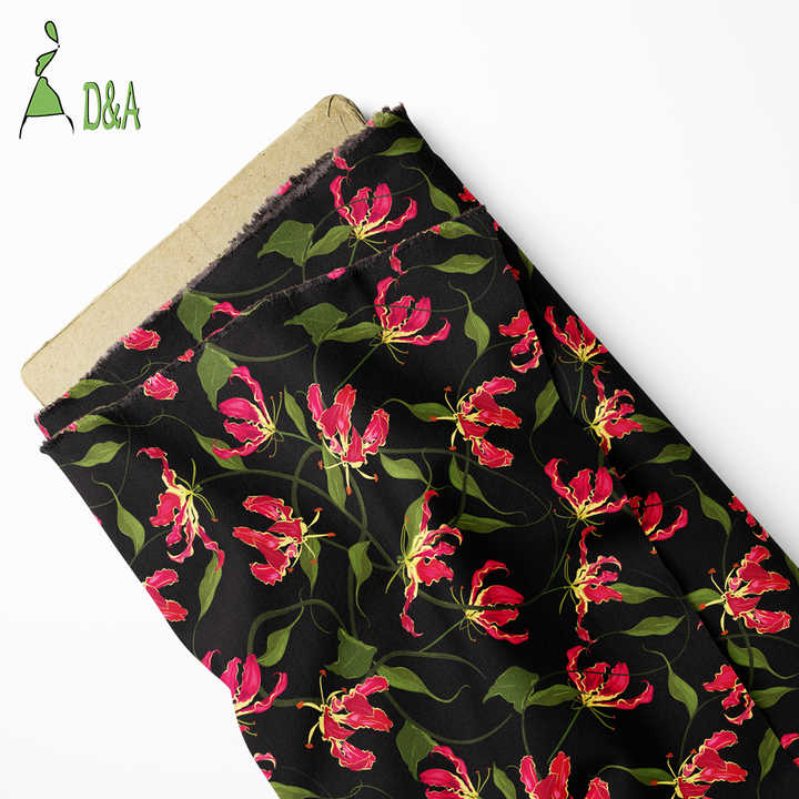 Wholesale 100% Rayon Fabric Black Background Red Flower Print Woven ...