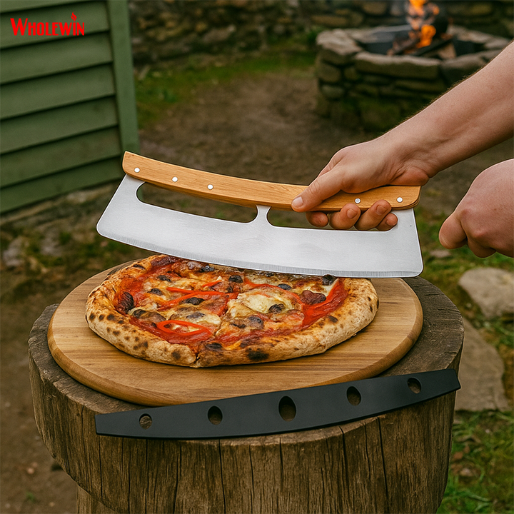 Pizza Cutter Rocker Stainless Steel Blade Knife with Wooden Handle and ...
