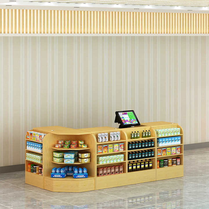 Simple Supermarket Equipment Wooden Grocery Store Checkout Counter Gondola Shelving in ...
