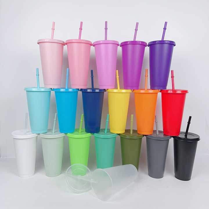Reusable 24oz Solid Color Single Wall Plastic Tumbler Cold Cup With Lid ...