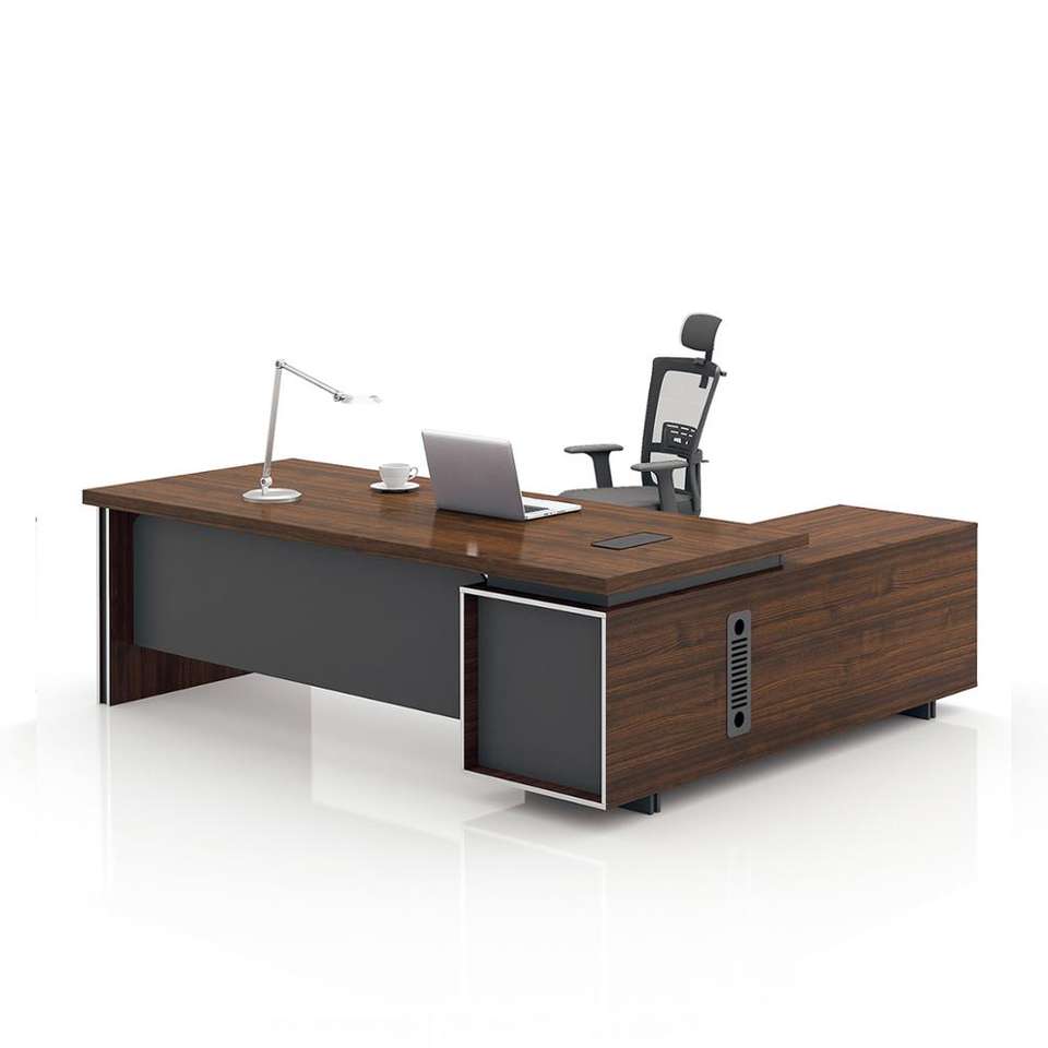 L Shape Executive Wooden Office Desk with Long Side Cabinet - Modern ...