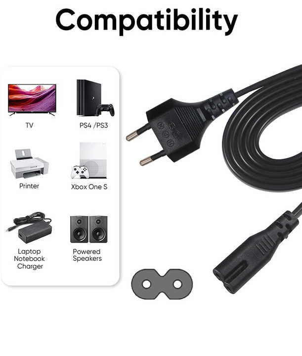 EU 2 Pin Plug to IEC C7 Power Cord 2 Core 1.8M 250V 2.5A Schuko Figure ...