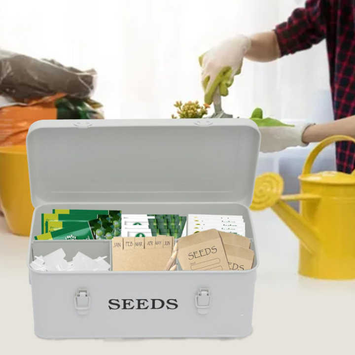 White Powder Coated Steel Seed Packet Storage Box Metal Garden Seed ...