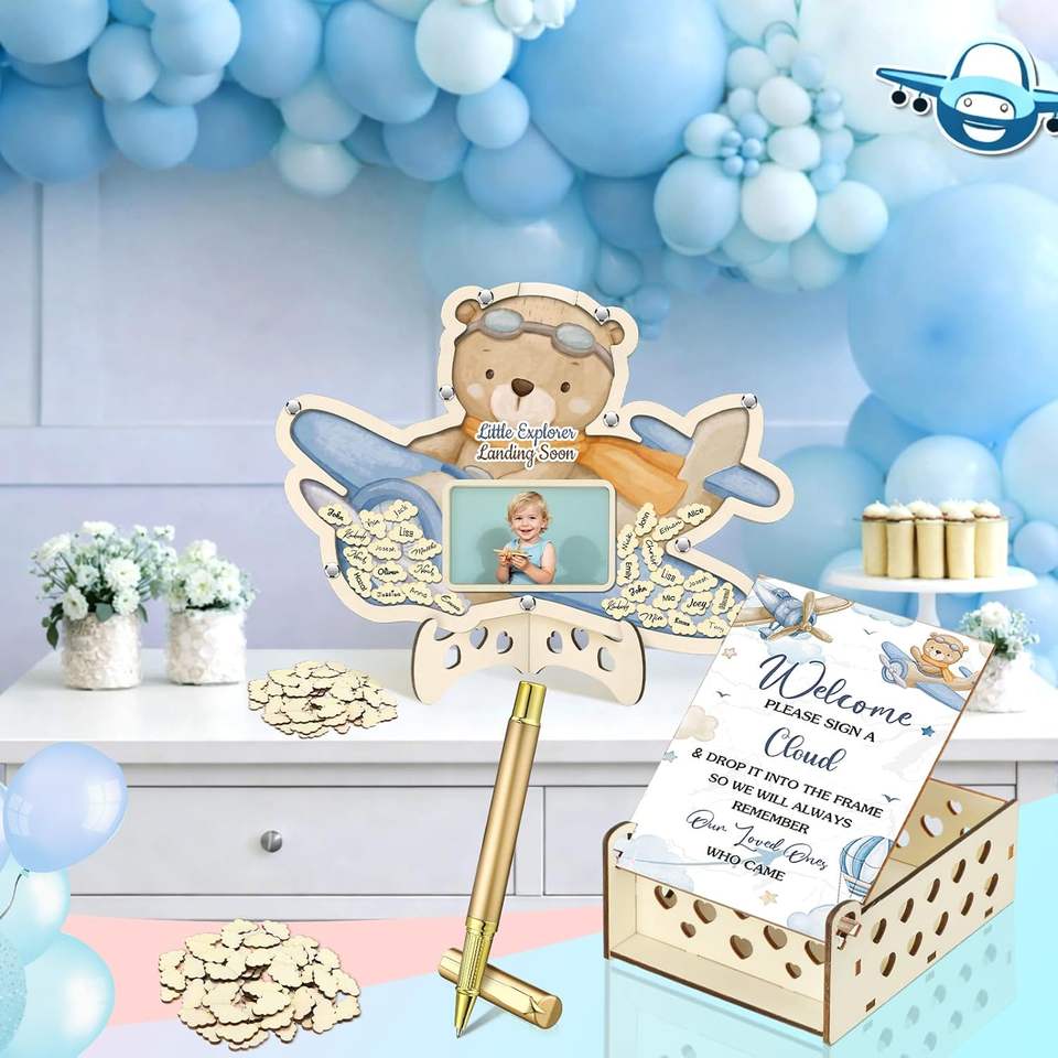 Airplane & Bear Theme Baby Shower & Birthday Guest Book Set with 60 ...