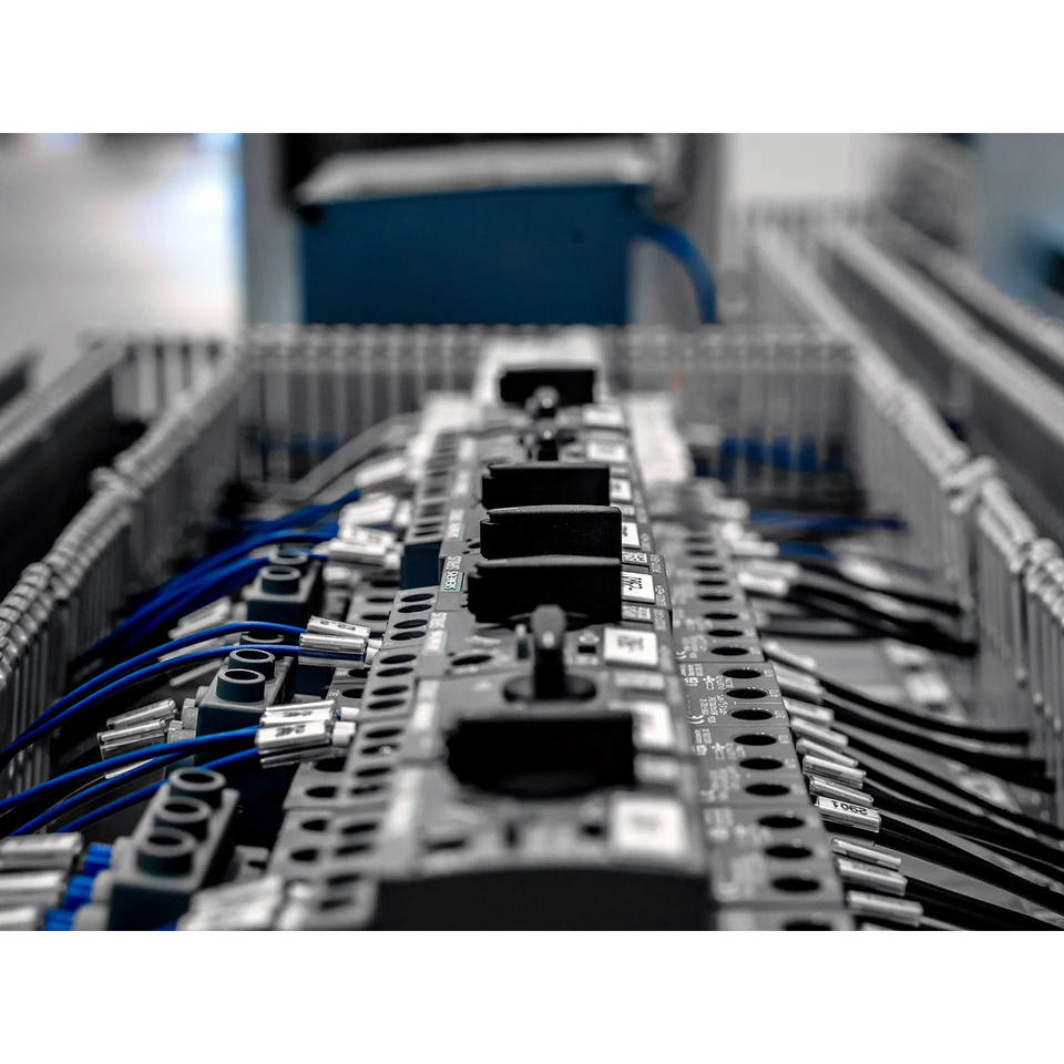 Industrial Electrical Wiring System With Red Cables And Terminal Blocks ...