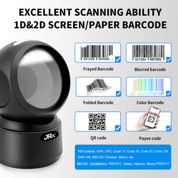 JR T30e 2D Barcode Qr Code Desktop Scanner Table 1D Reader Price Checker Supermarket Fixed ...