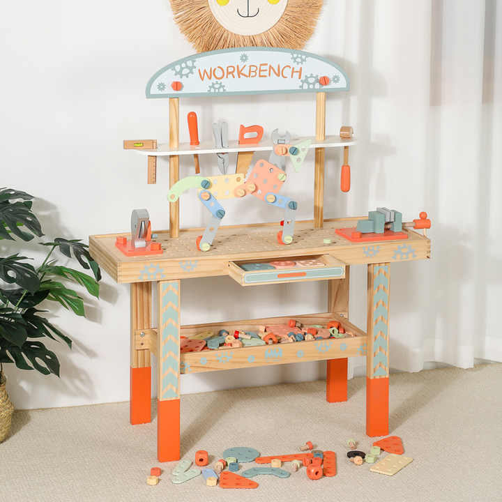 Kids Pretend Play Tool Wooden Workbench With Rich Tools Set Accessories ...
