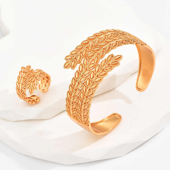 2in1 Fashion jewelry set 18k gold plated leaf ring bracelet water proof luxury jewelry set gift ...