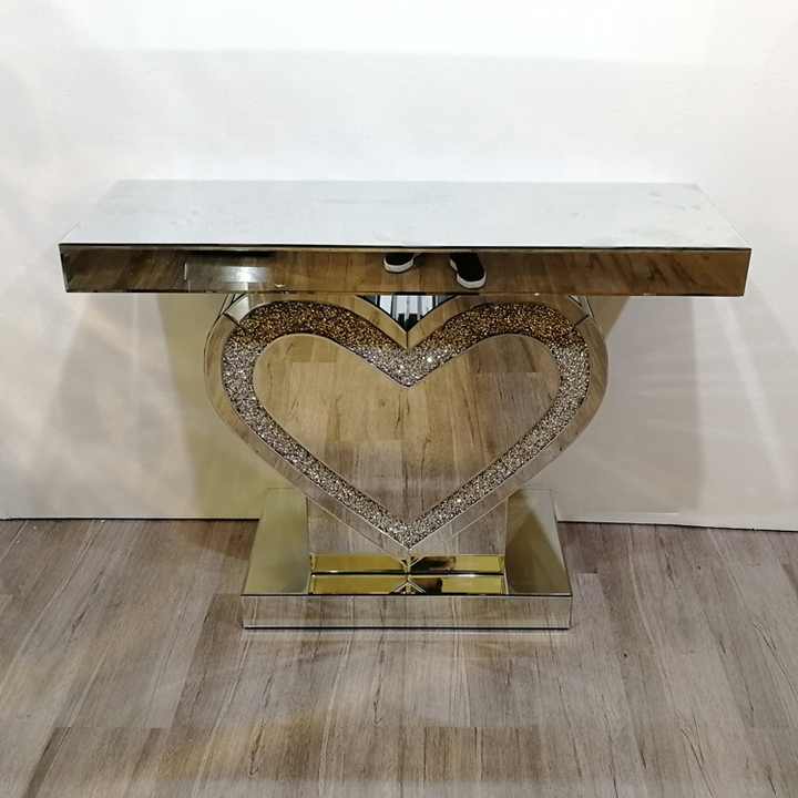 Modern Heart Shape Crushed Diamond Mirrored Console Table