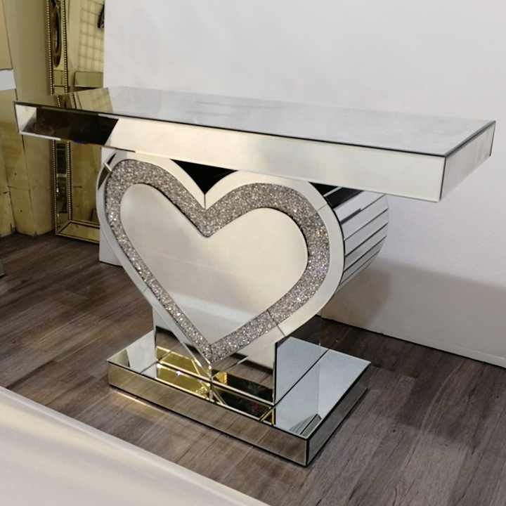 Modern Heart Shape Crushed Diamond Mirrored Console Table
