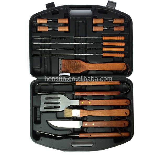 18 Pcs Wooden Handle Barbecue Set Bbq Tools Gift Set with Plastic case ...