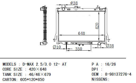 OEM 8-98137276-4 for ISUZU D-MAX 2.5/3.0 12- Aluminum Radiator