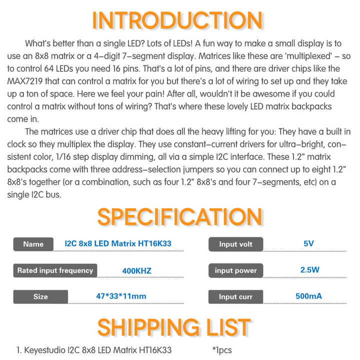 Keyestudio I2C 8x8 LED Dot Matrix Module HT16K33 for Arduino - OEM/ODM