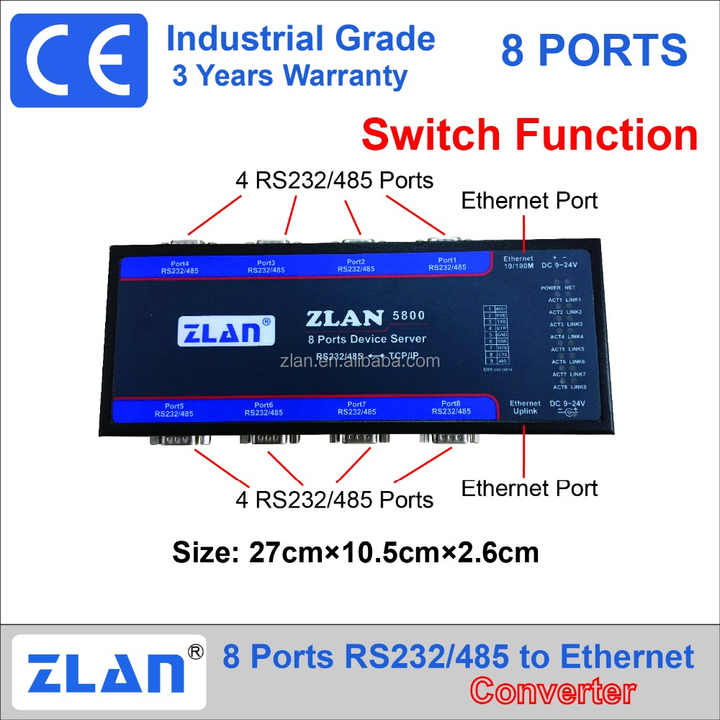 8 port serial port to Ethernet industrial multiple ports network switch