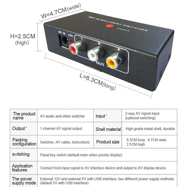 2 in 1 Out Intelligent AV Matrix Video Switcher with RCA Jacks