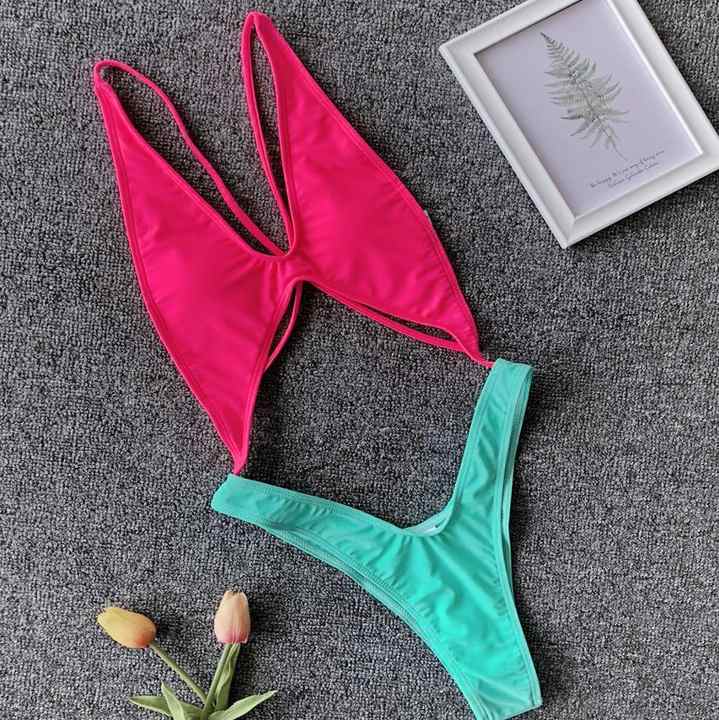 Monokini Swimwear Women Neon Swimsuits Backless Bikini Thong