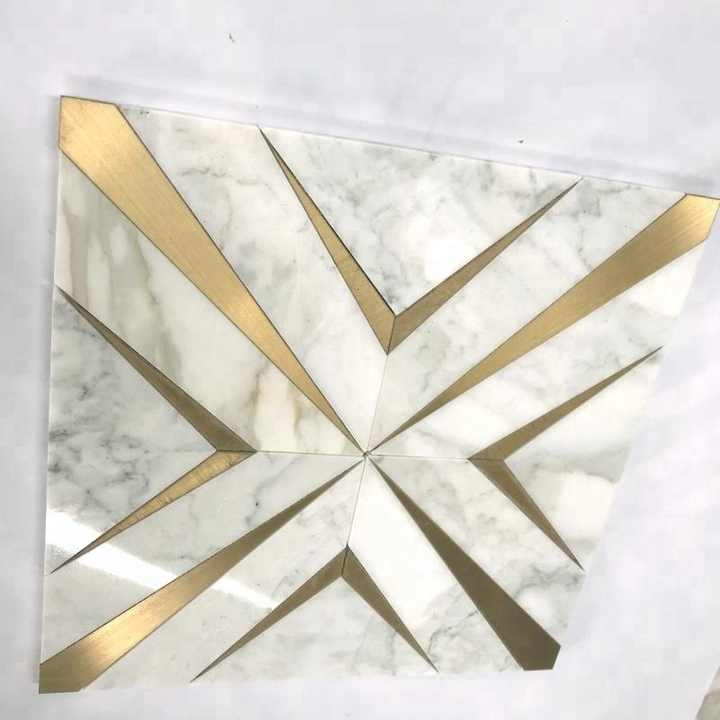 Italy Calacatta Gold Marble Mosaic Tile & Brass Inlay - OEM | Wholesale