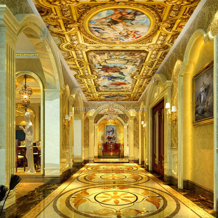 Hotel Corridor Ceiling Fresco - Golden Luxurious Wallpaper