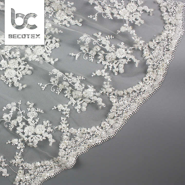 Pretty Lace Fabric Embroidered with Beads - High Quality