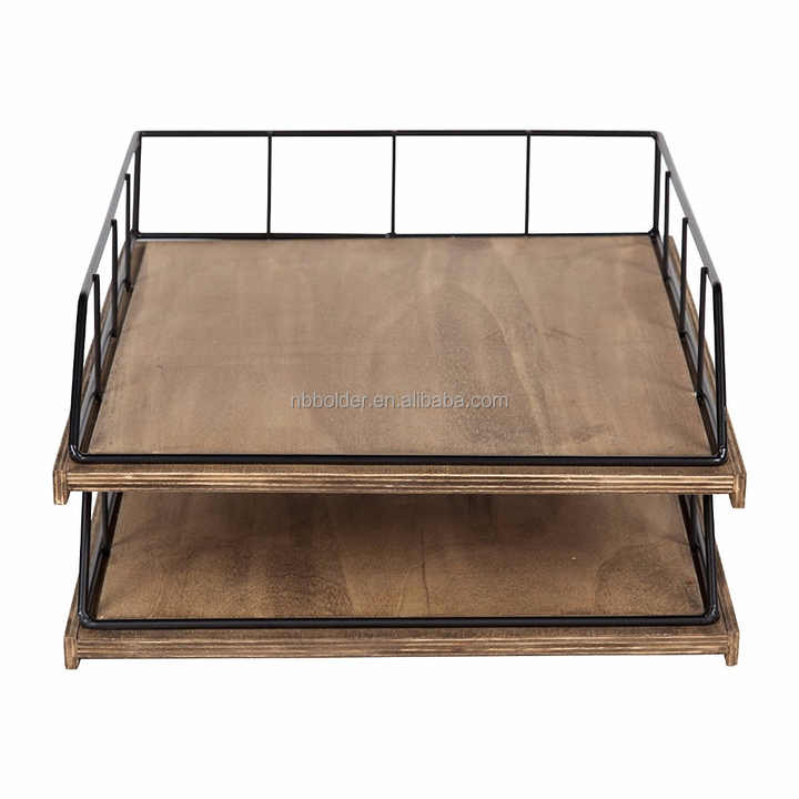 Rustic Wood and Black Stacked Metal Letter Trays for Desk