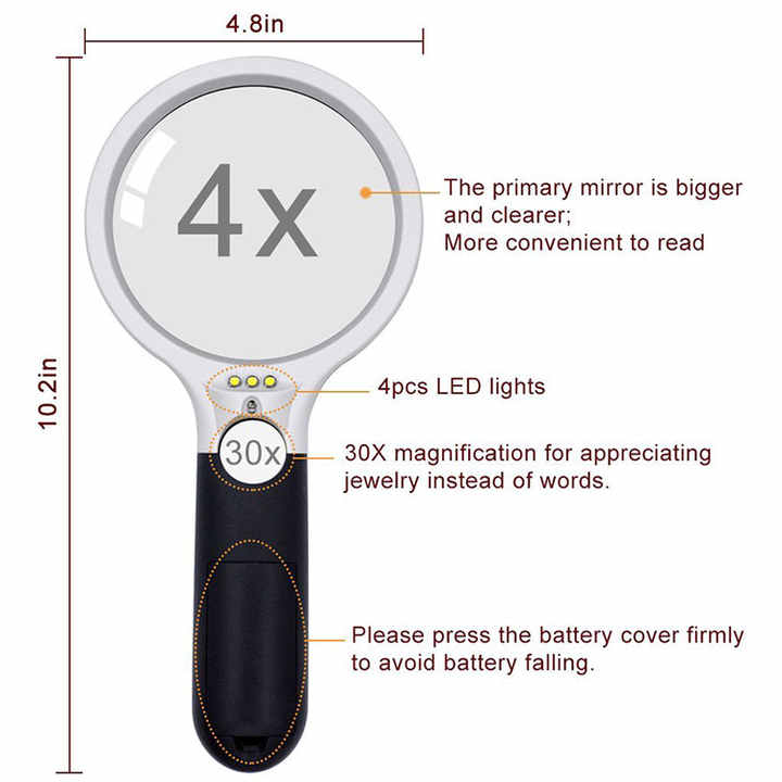 Large 4 LED Handheld Magnifying Glass with Light - 30X Lens