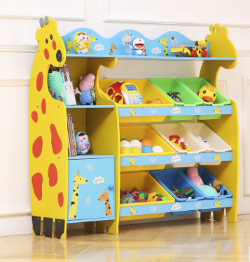 Eeo friendly wooden giraffe Cartoon cabinet children toy storage shelf with plastic collection bin for kids