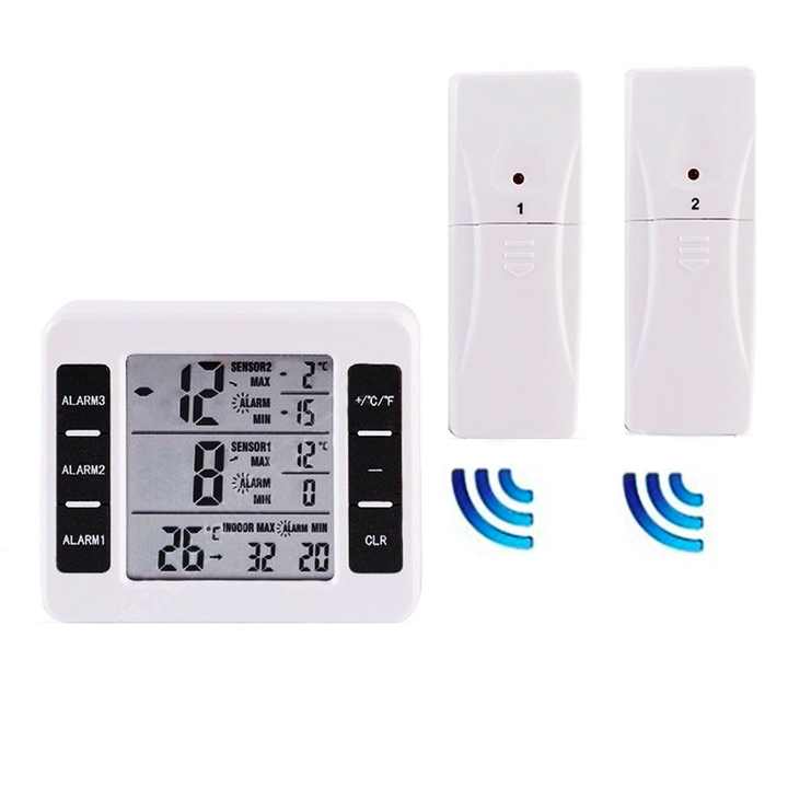 Freezer Fridge Wireless 2 Remote Sensors Thermometer Alarm