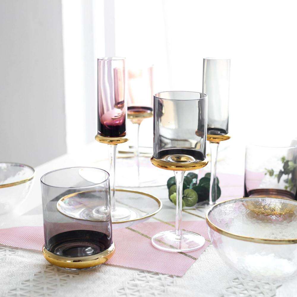 Hand Blown Crystal Wine Glasses Gold Rim Grey Colored Wine Glass ...