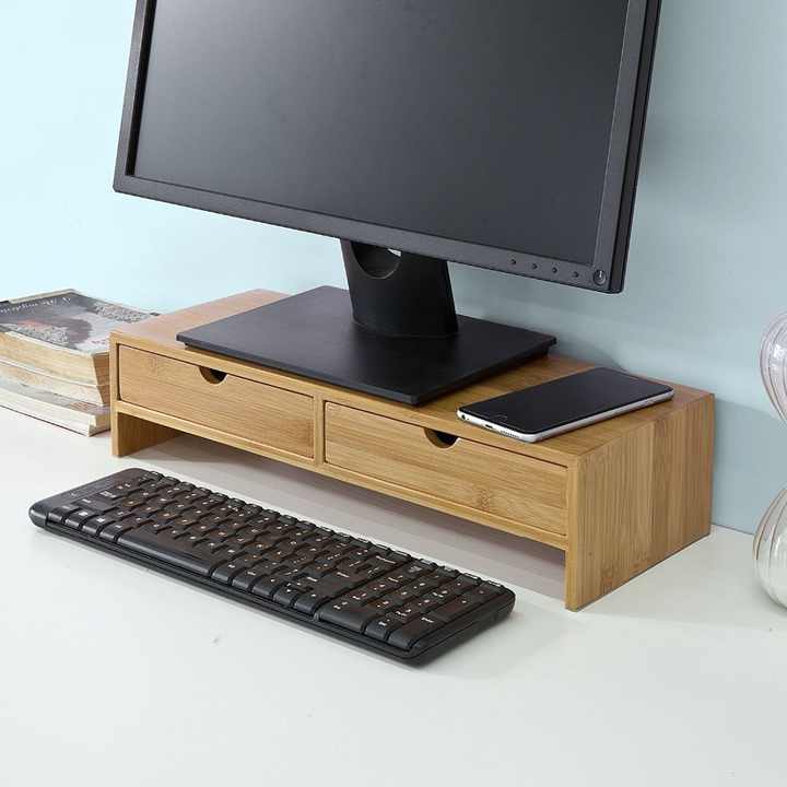Bamboo Monitor Stand Riser with 2 Drawer Organizer