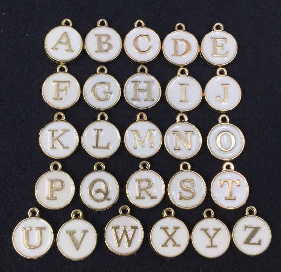 New Designs Gold Border Enamel White 16mm Disc Gold Charm Alphabet ...