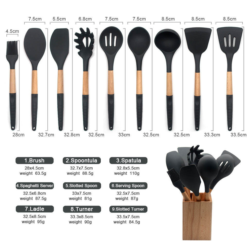 10-Piece Eco-Friendly Heat Resistant Silicone Wood Handle Kitchen ...