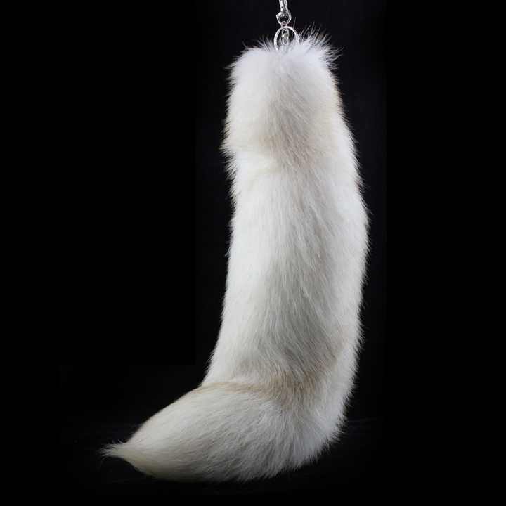 Genuine Animal Fur 40cm Fluffy Blue fox Fur Tail Key Chain White Color ...