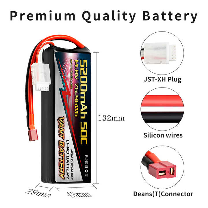 4S Lipo Battery 14.8V 5200mAh 50C for RC Drone, Buggy, Boat - Reliable ...